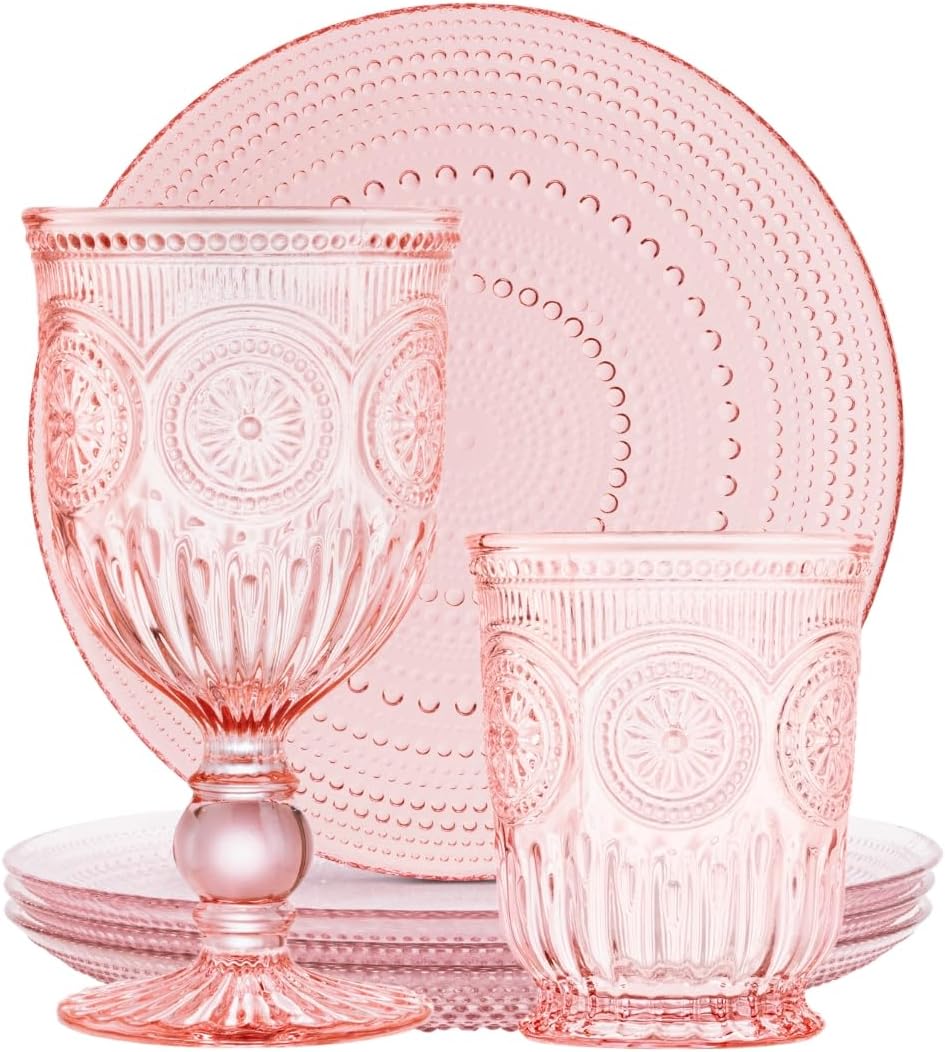 Amazon.com | Yungala Pink Glassware Bundle - Pink Wine Glasses & Plates ...