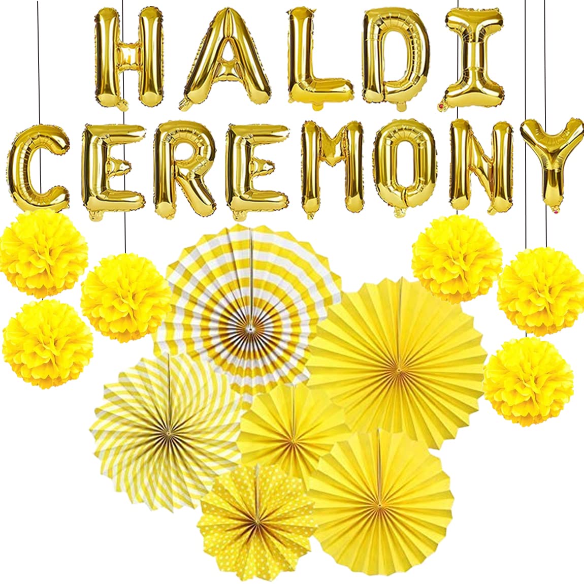Rozi Decoration Haldi Ceremony Foil Balloons with Paper Fan and Pom ...