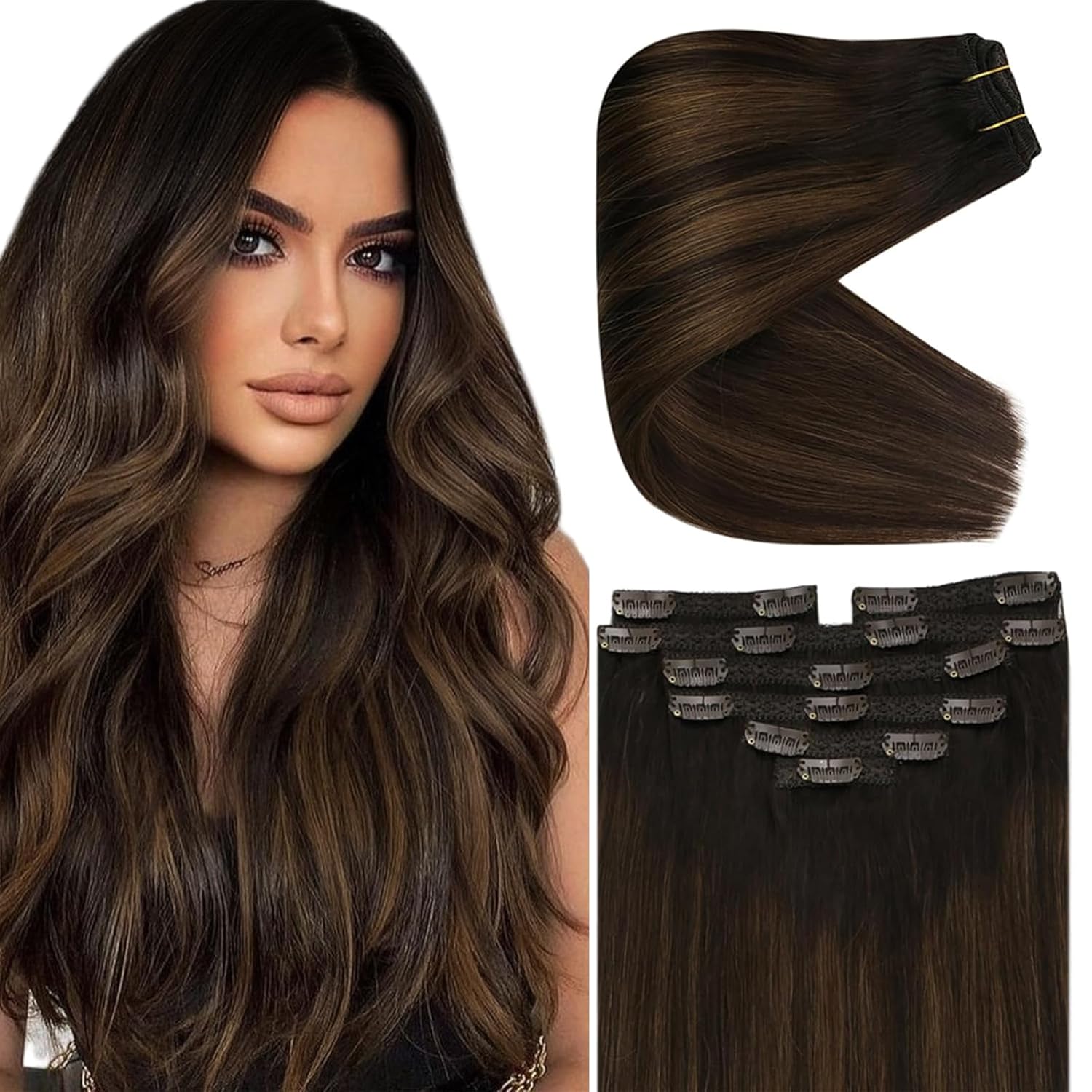 Amazon.com : Ve Sunny Clip in Human Hair Extensions Brown Clip in Hair ...