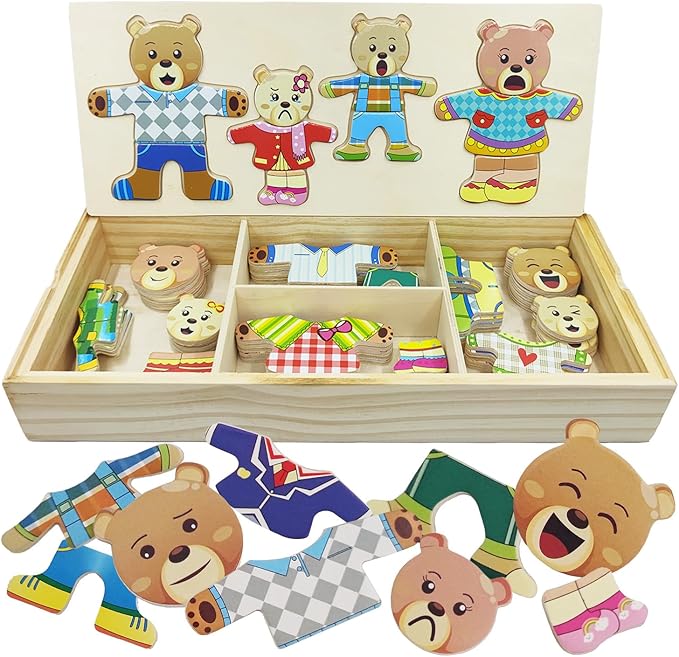 Amazon.com: LilyBeauty Wooden Jigsaw Bear Family Puzzle Box, Dressing ...
