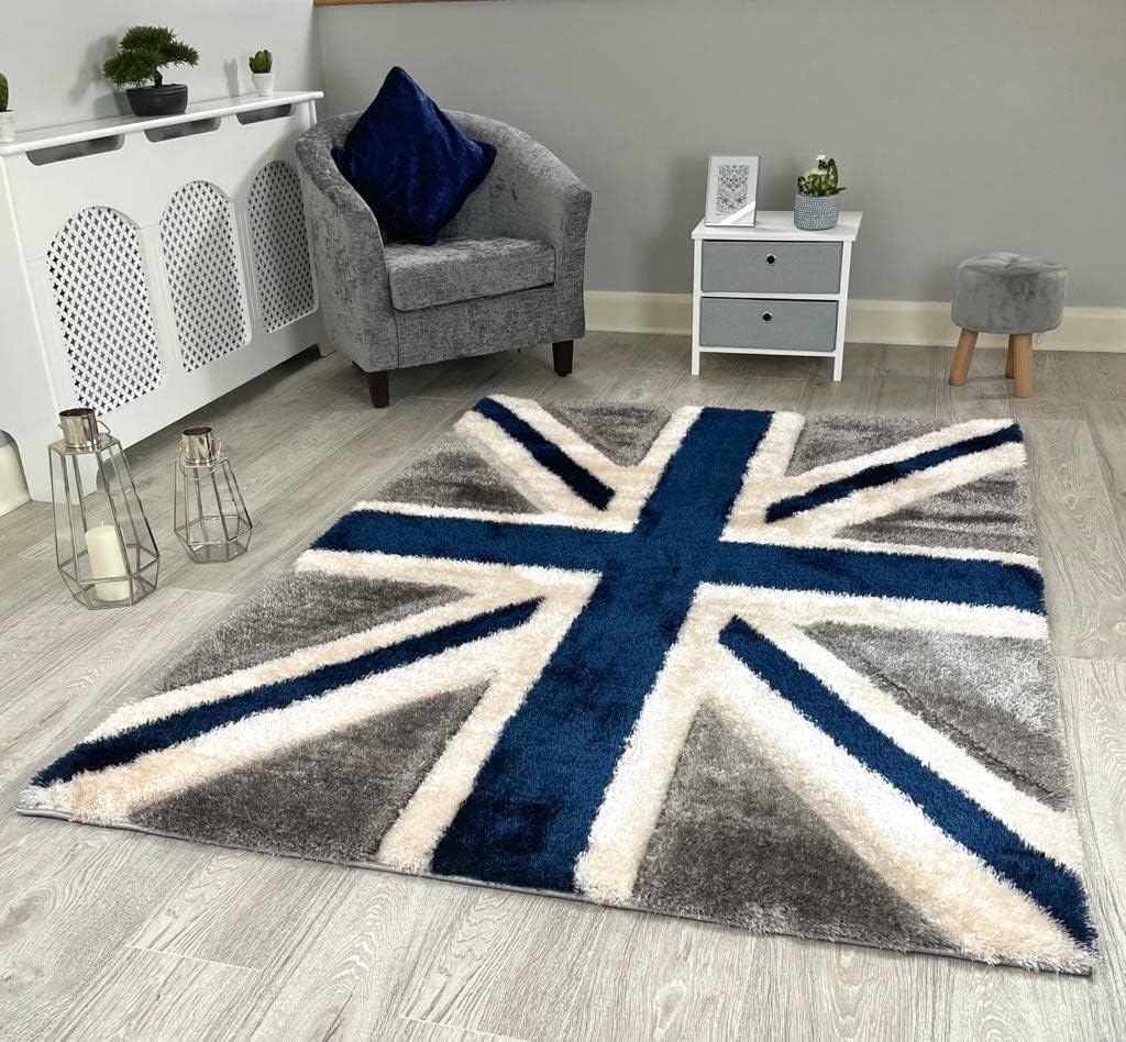 NEW UNION JACK FLAG DESIGN LUXURIOUS THICK PILE RUG MODERN SOFT SILKY ...