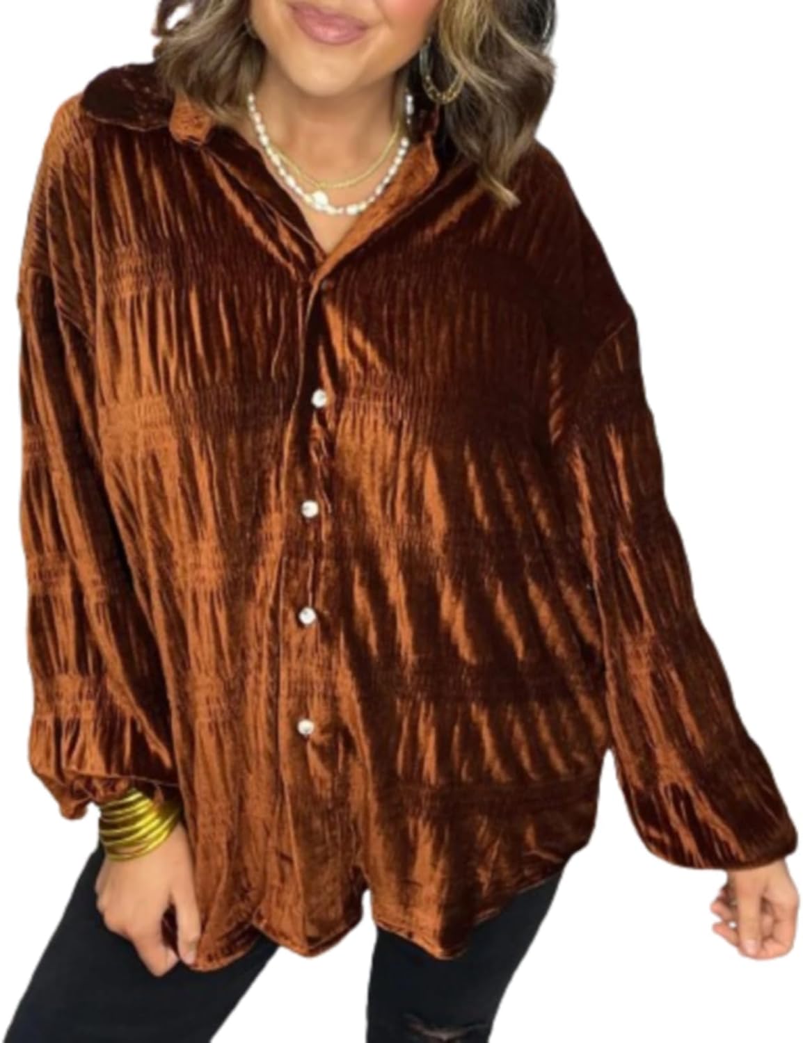 Shirred Velvet Button Down Top, Women's V Neck Velvet Shirred Button ...