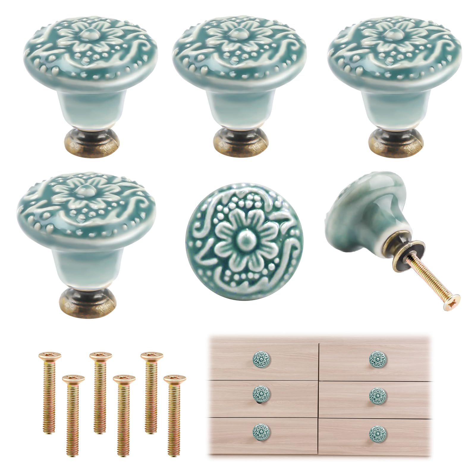 Taoduod 6PC Green Ceramic Drawer Knobs 35x30mm Green Ceramic Vintage ...