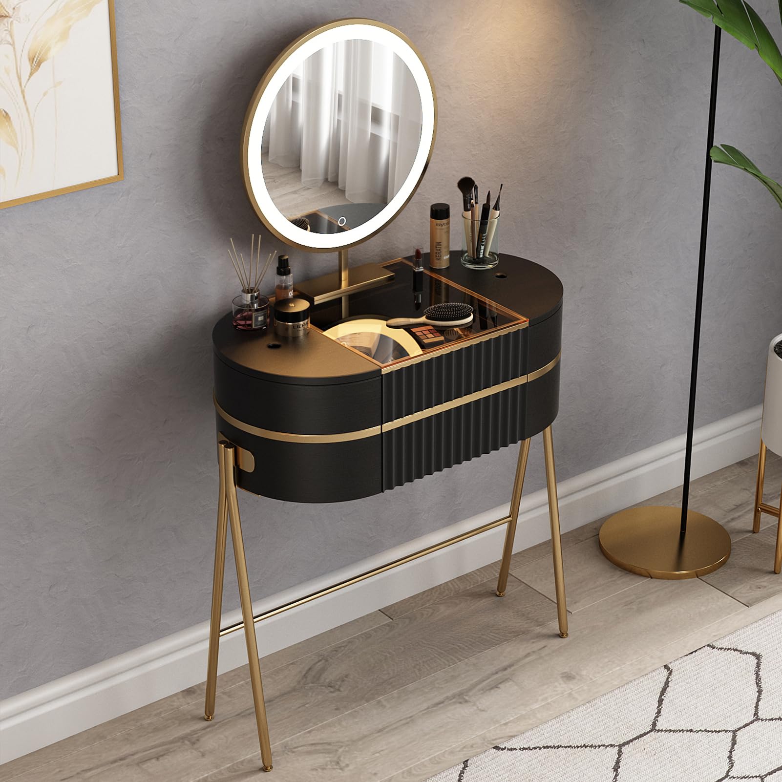 Amazon.com: Compact Vanity with Mirror and Lights - Small Black Vanity ...