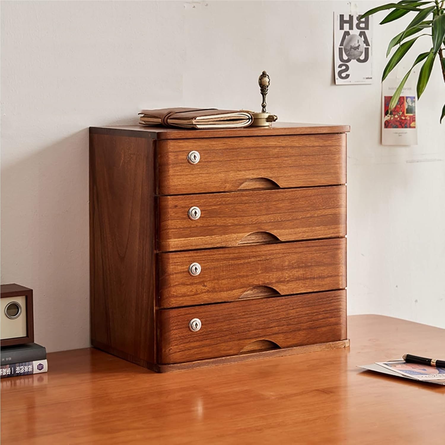 Solid Wood Desktop Storage Box with Drawers and Lock Computer Monitor ...
