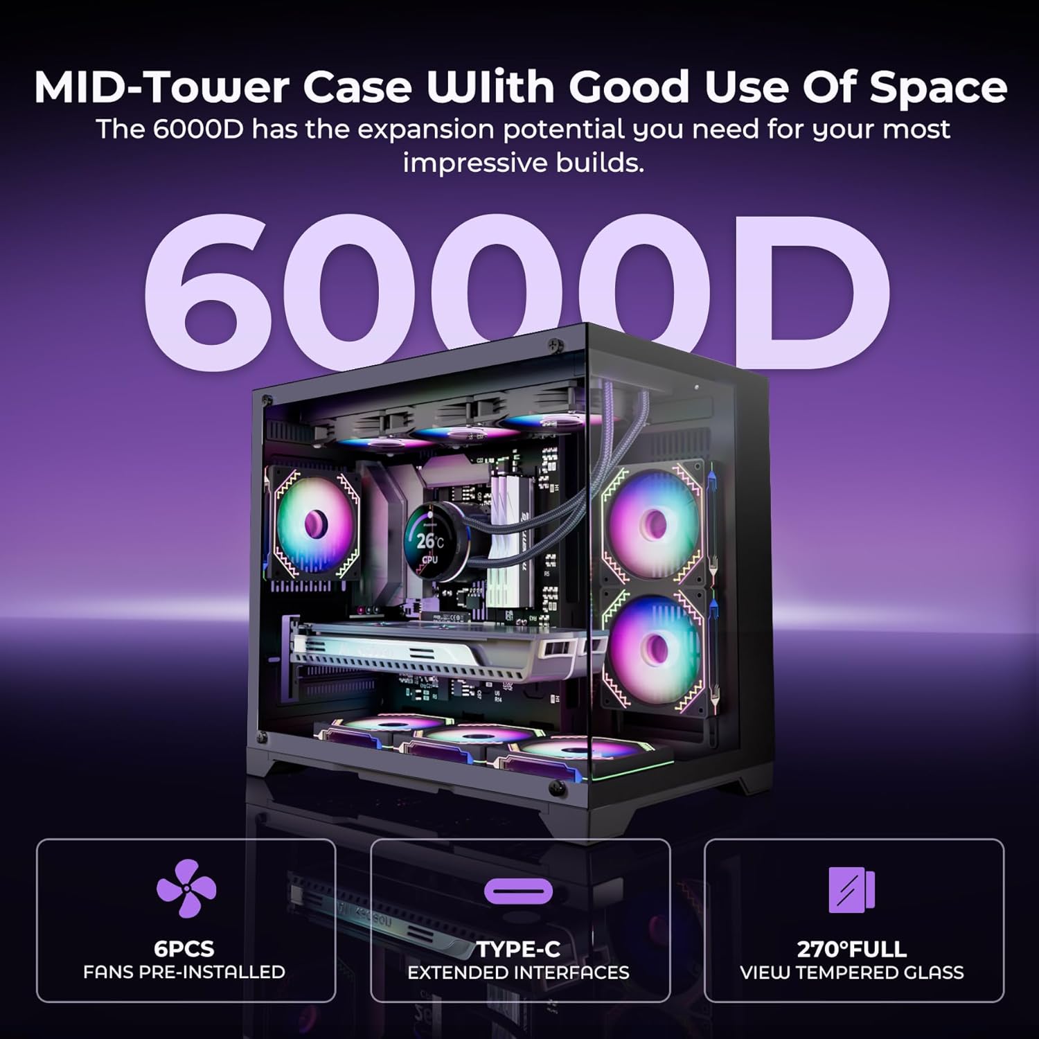 MATX PC Case with 6 ARGB Fans Pre-Installed, Panoramic Tempered Glass ...