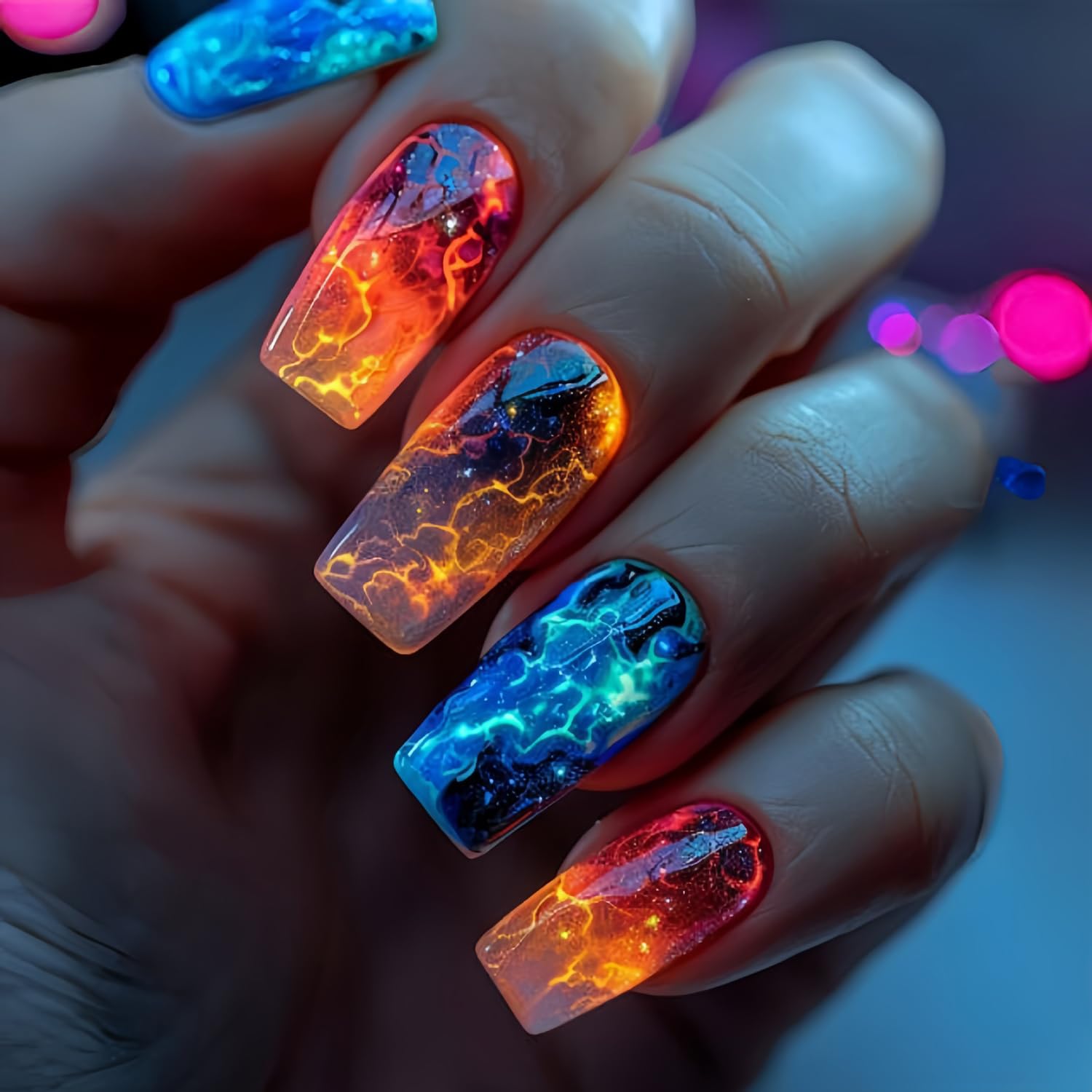 Amazon.com: Press on Nails Medium Square Aurora Red and Blue Lightning ...
