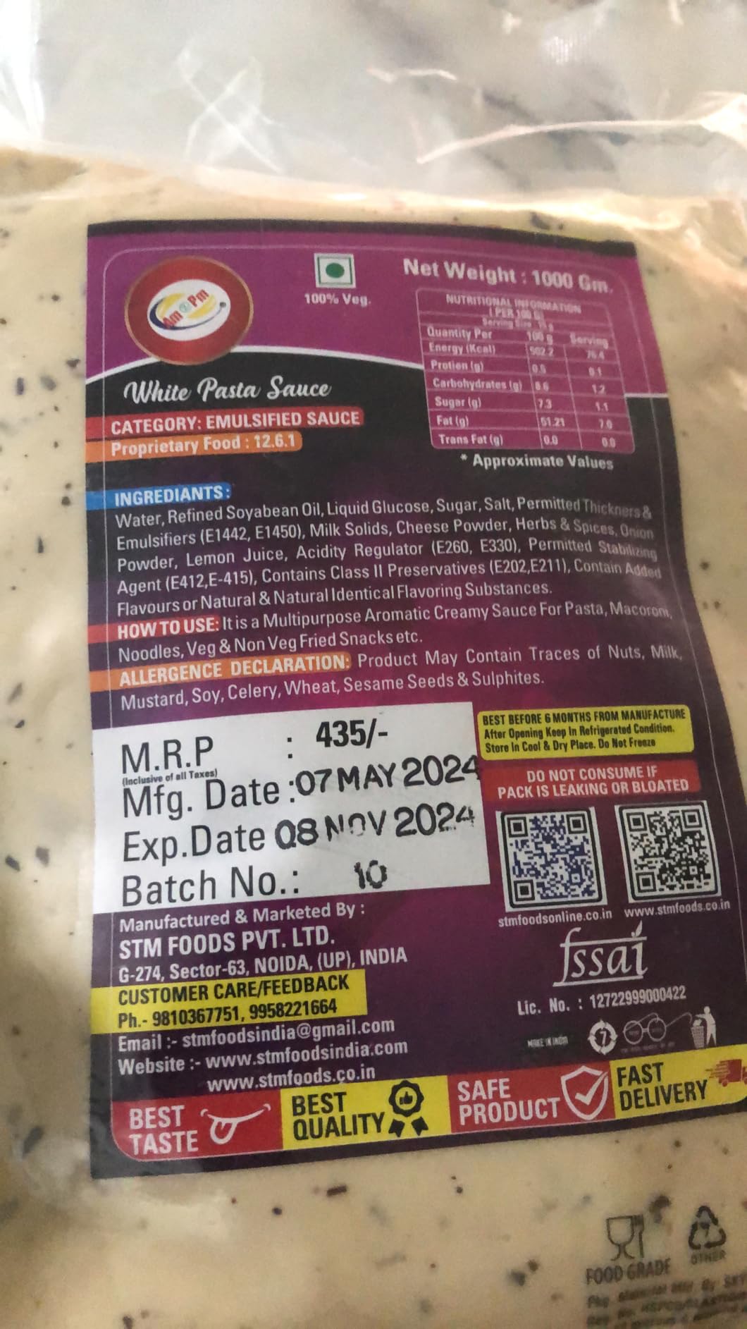 Am 2 Pm - White Pasta Sauce 1kg Creamy Sauce For Pasta Macoroni Noodles ...