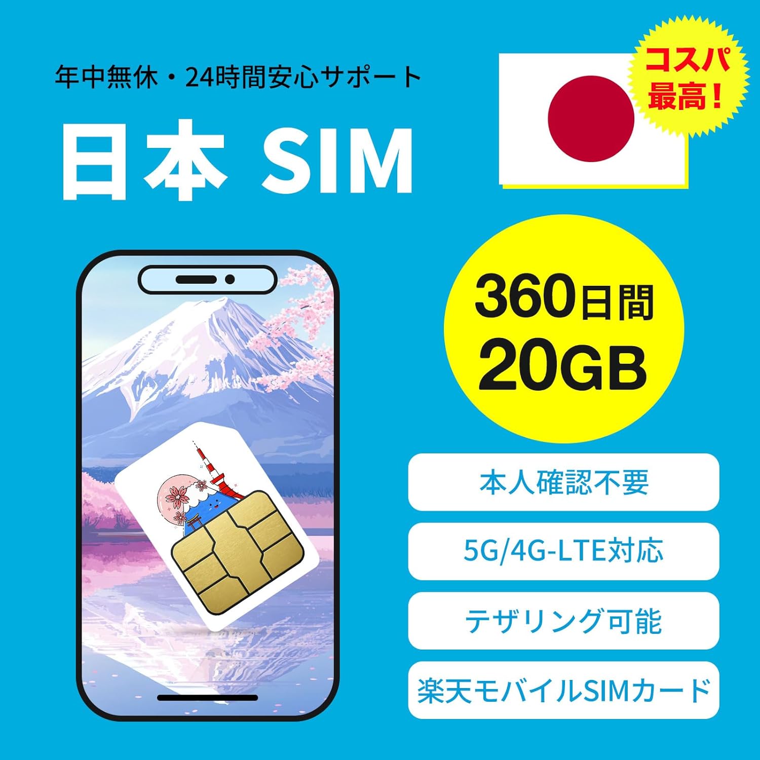 Amazon.co.jp: 【純正 RAKUTEN SIM】 360日間 20GB 大容量 日本 プリペイド SIM 5G 4G-LTE対応 データ専用 契約不要 Rakuten sim ...