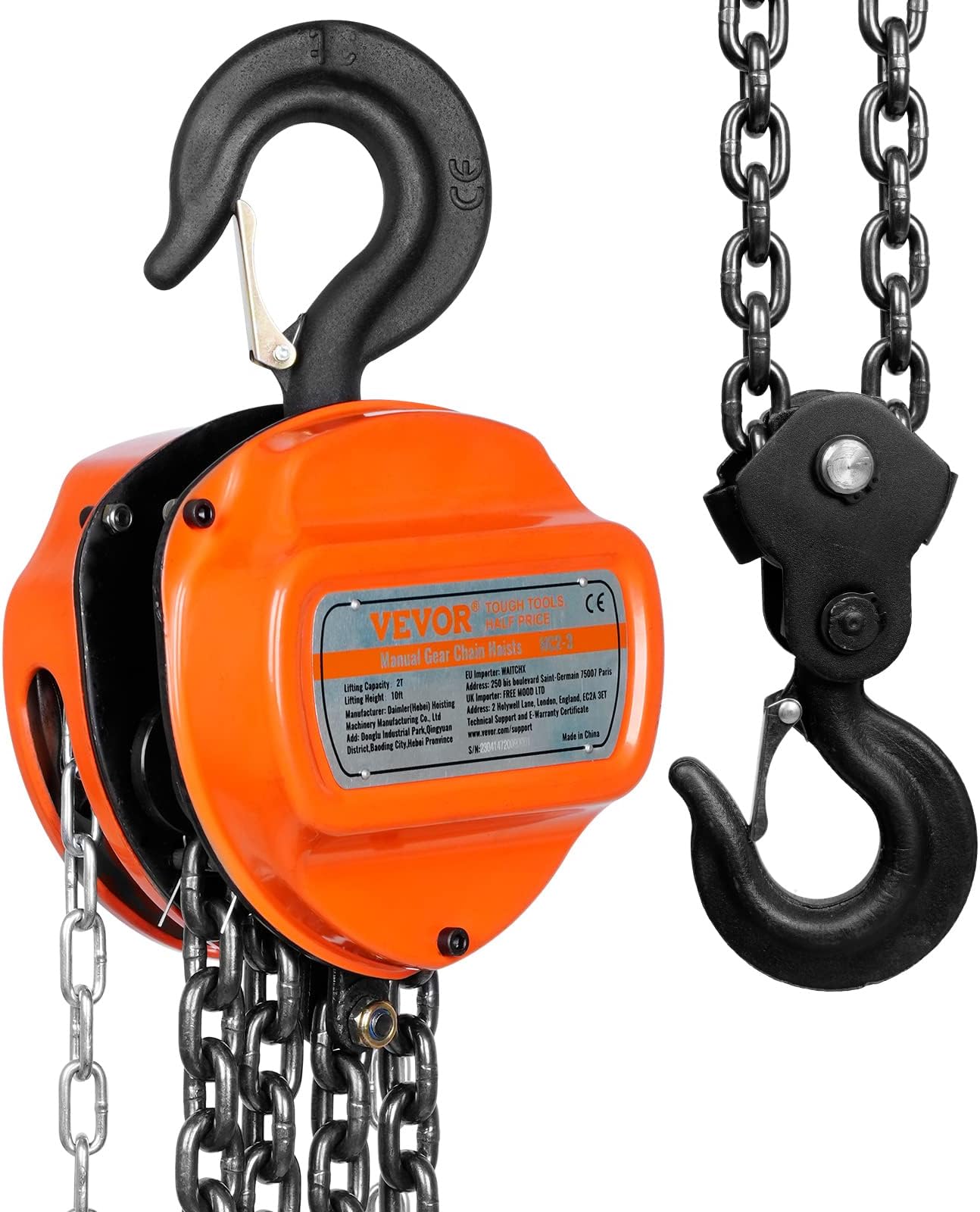 VEVOR Manual Chain Hoist, 2 Ton 4400 lbs Capacity 10 FT Come Along, G80 ...