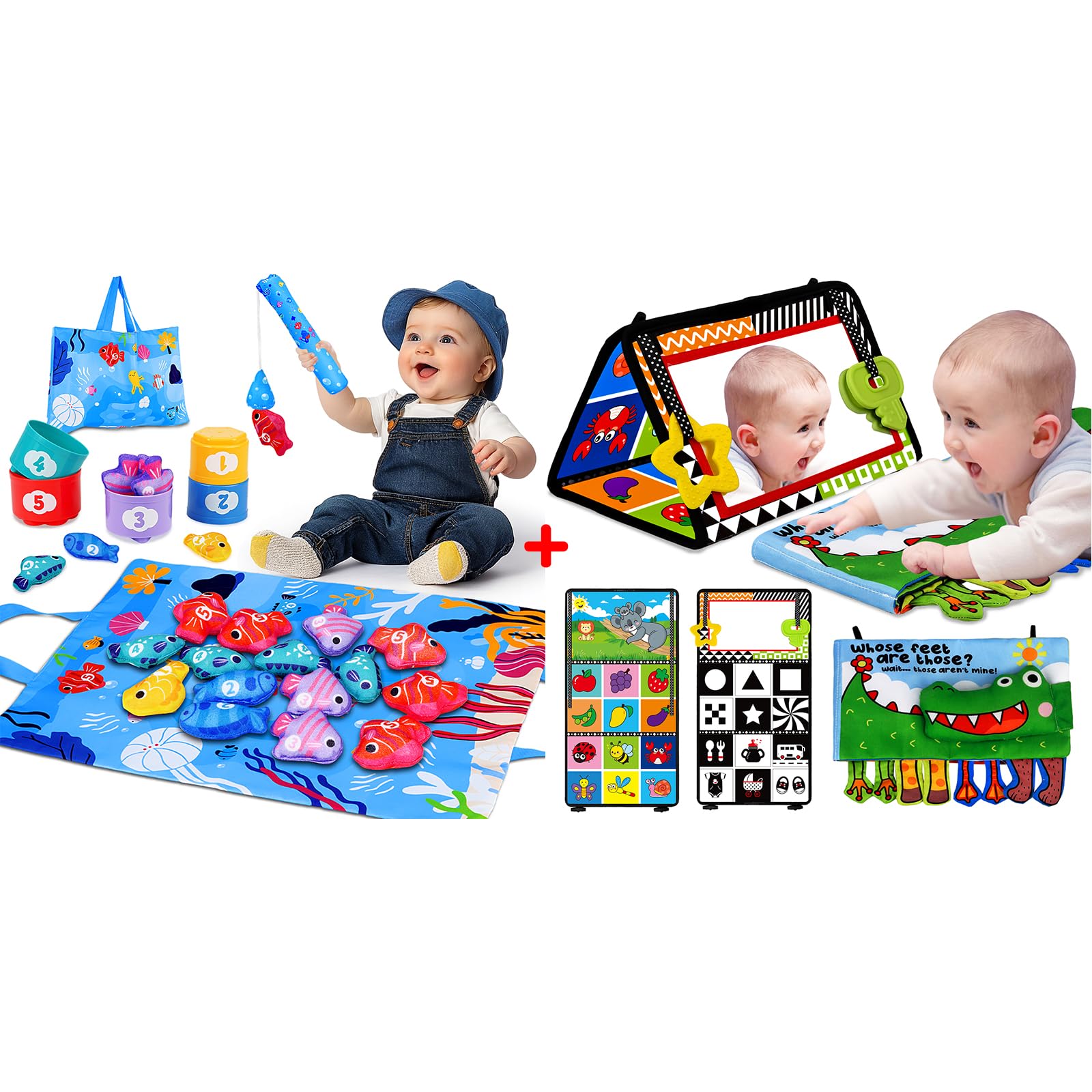 Amazon.com: Arovan Cloth Fishing Game Baby Toys & Tummy Time Baby Mirror Toys with Cloth Books ...
