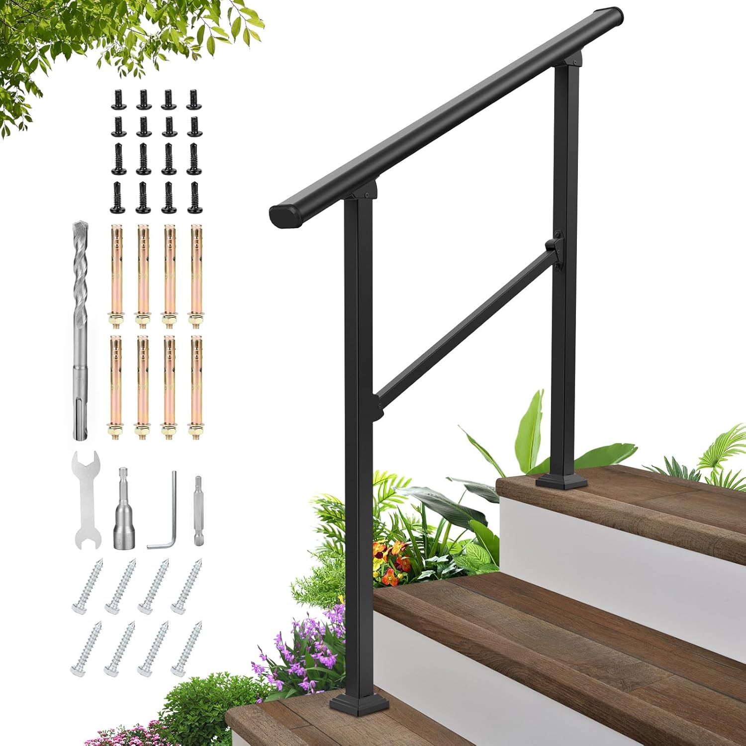 EAPELE 3 Step Handrails for Outdoor Steps, Black Stair Railing Kit ...