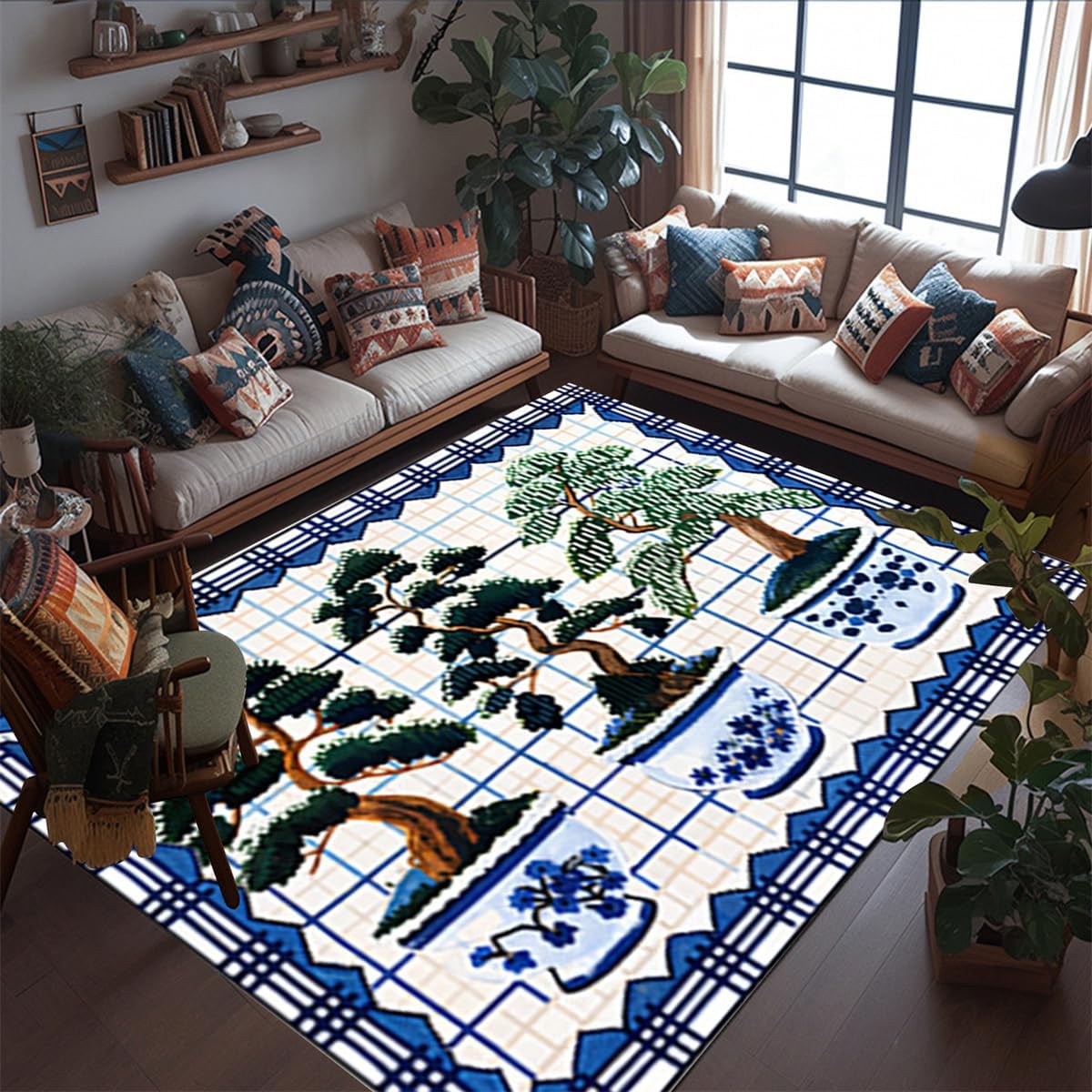 Amazon.com: Chinoiserie Rug Blue and White Porcelain Area Rug Green ...
