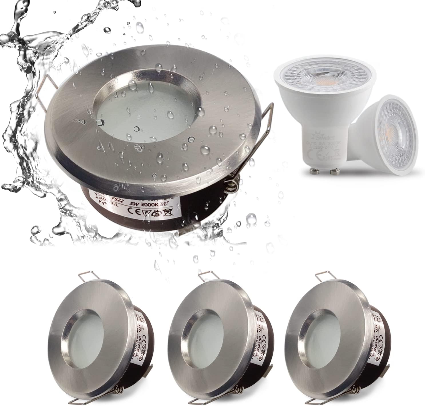 MiniSun Pack of 4 Fire Rated Bathroom/Shower IP65 Polished Chrome Domed ...