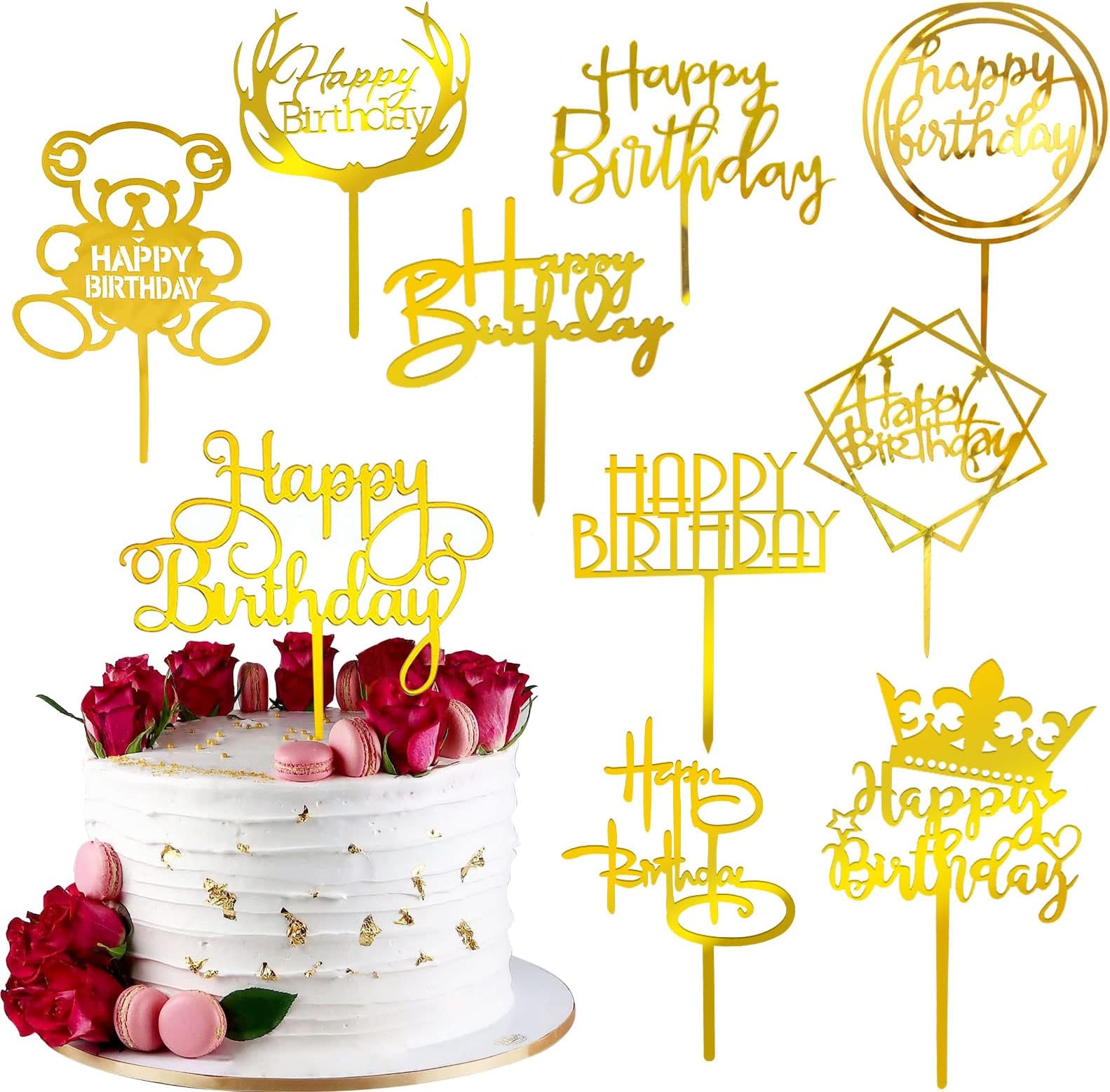 Amazon.com: 120 Pcs Happy Birthday Cake Toppers Gold Silver Acrylic ...