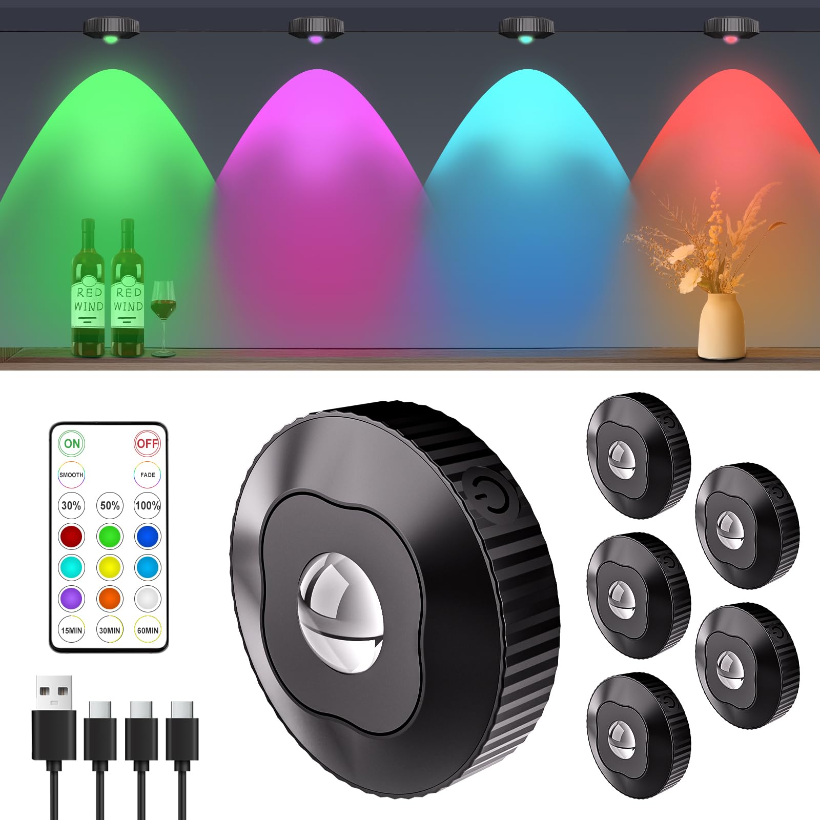 EaseHive Rechargeable RGB Puck Light with Remote Control -1000mAh ...