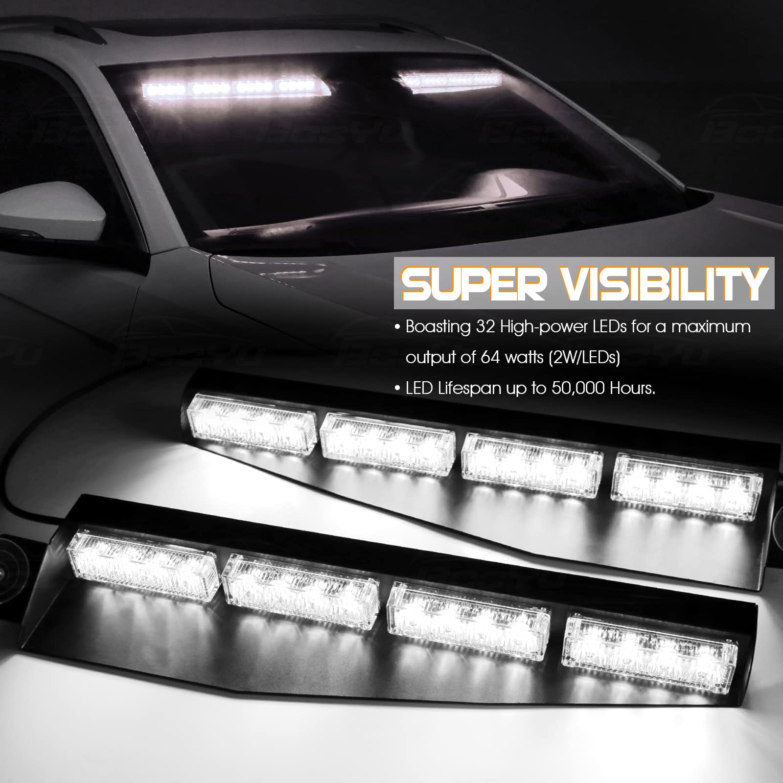 Snapklik.com : BooYu 32 LED Visor Emergency Strobe Light Bar w/Digital ...