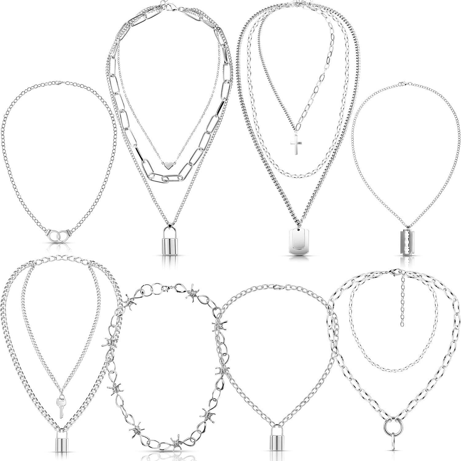 Amazon.com: 8 Pieces Punk Chain Necklace Set Unisex Multilayer Punk ...