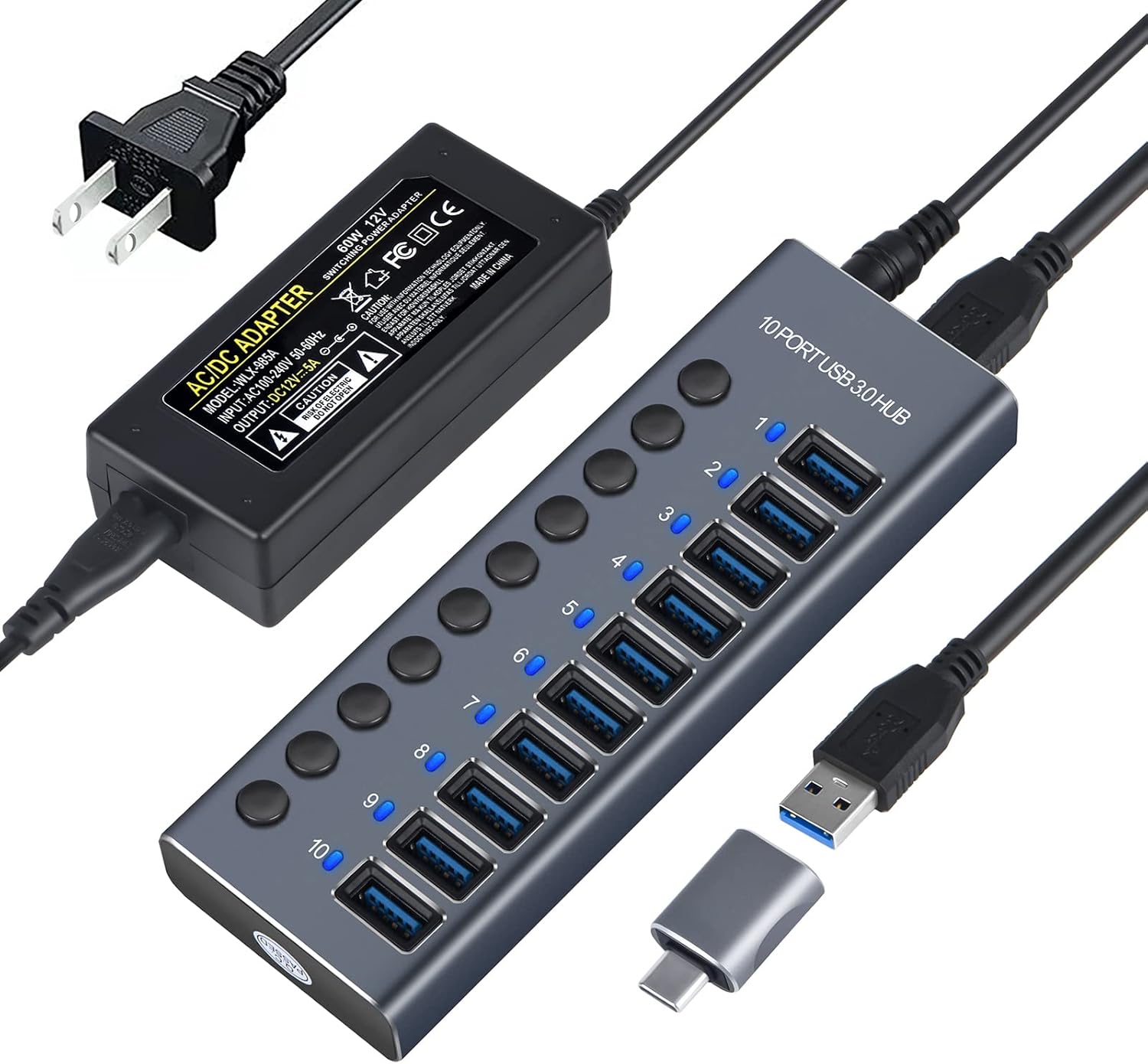 Amazon.com: Powered USB Hub, USB-C Adapter 10 Port Data USB Hub aus Zum ...