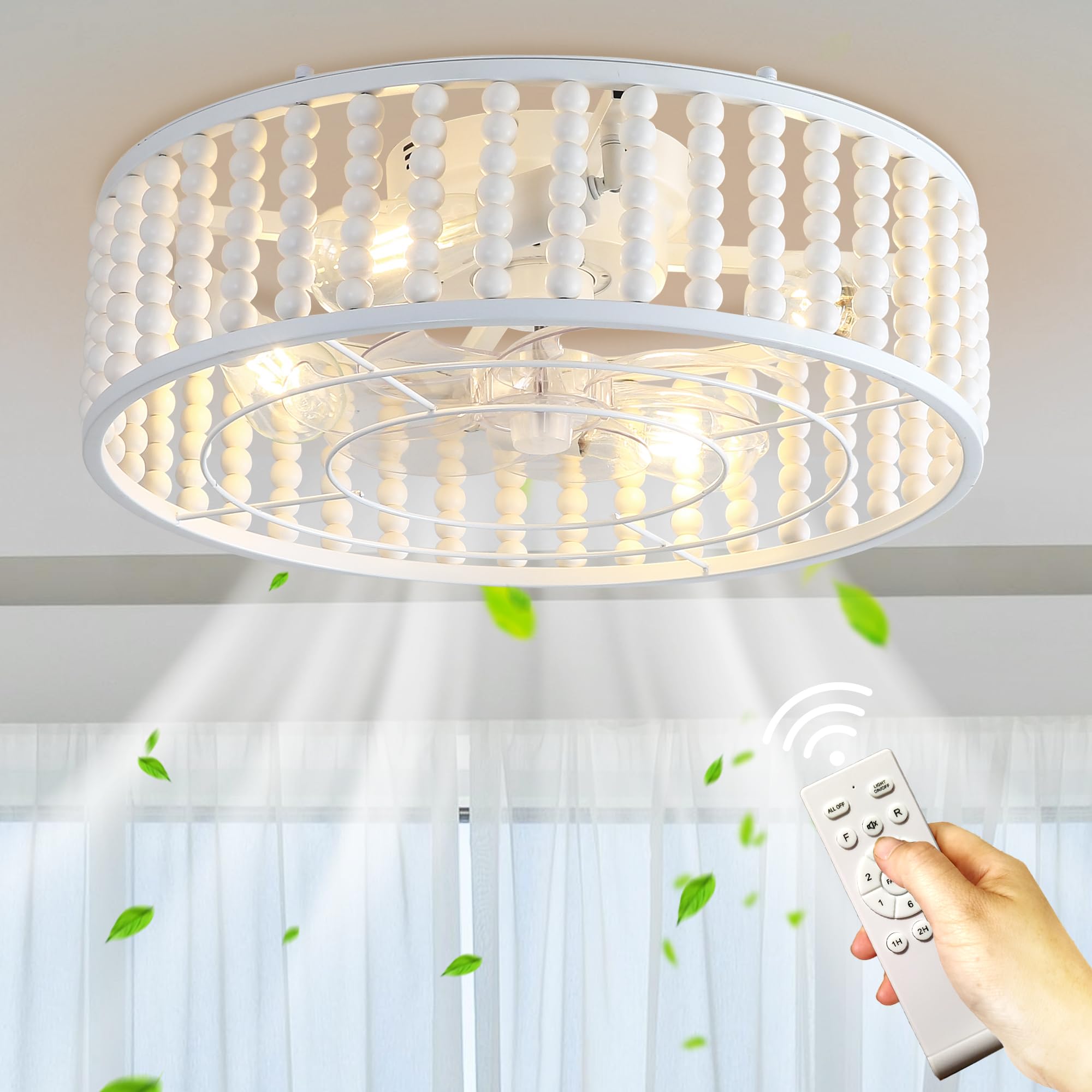 Capslpad 19'' Boho Caged Ceiling Fans with Light and Remote Wood Beaded ...