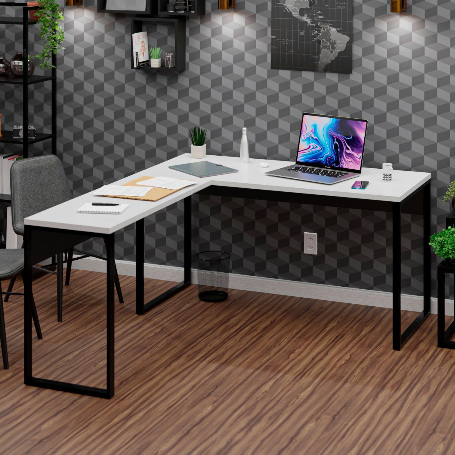 Mesa De Escritório Em L Industrial 1,50x1,50 Tpo 25mm Maciço (Branco ...