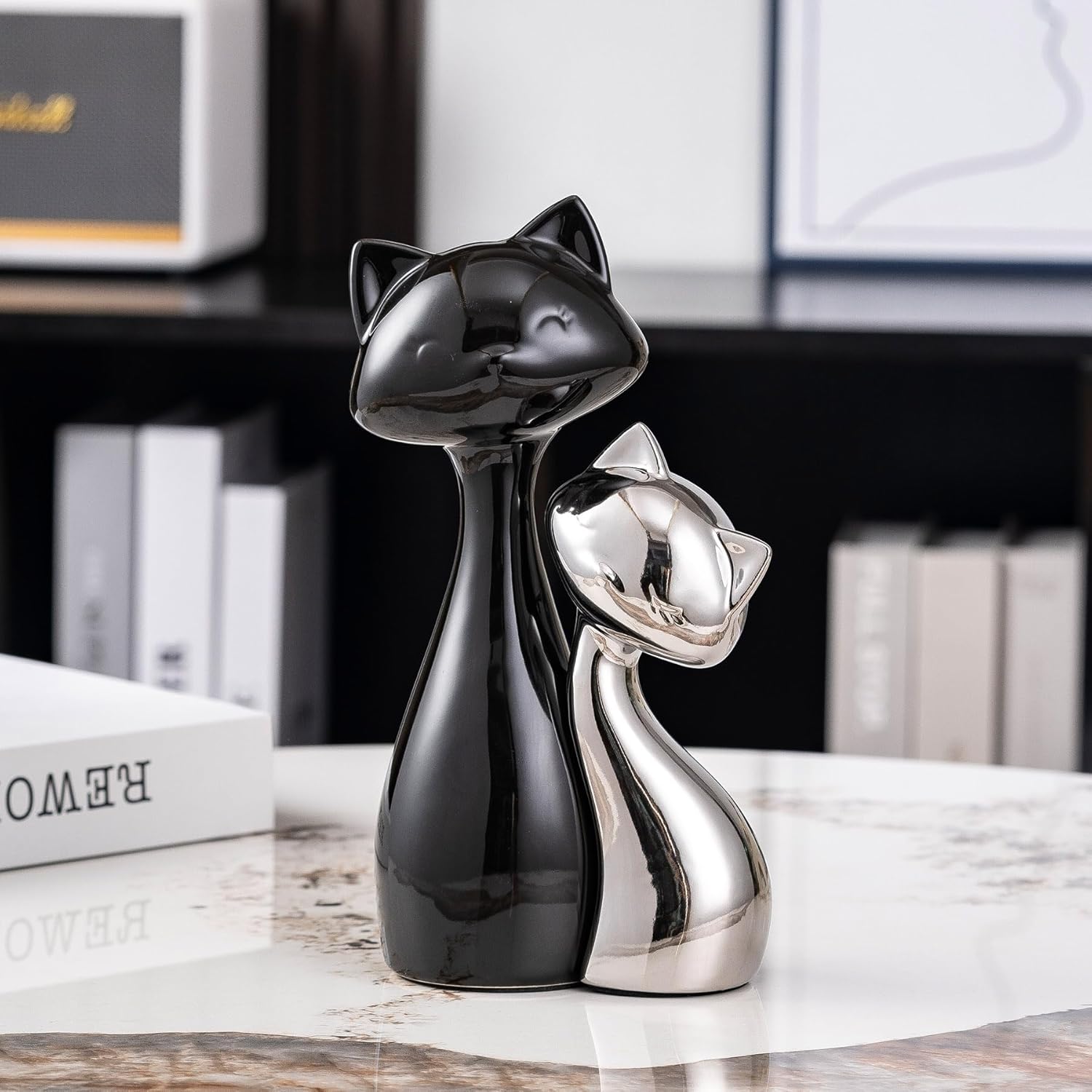 Amazon.com: SURE YUESI Ceramic Cat Statue Set, Black & Silver Cute Home ...