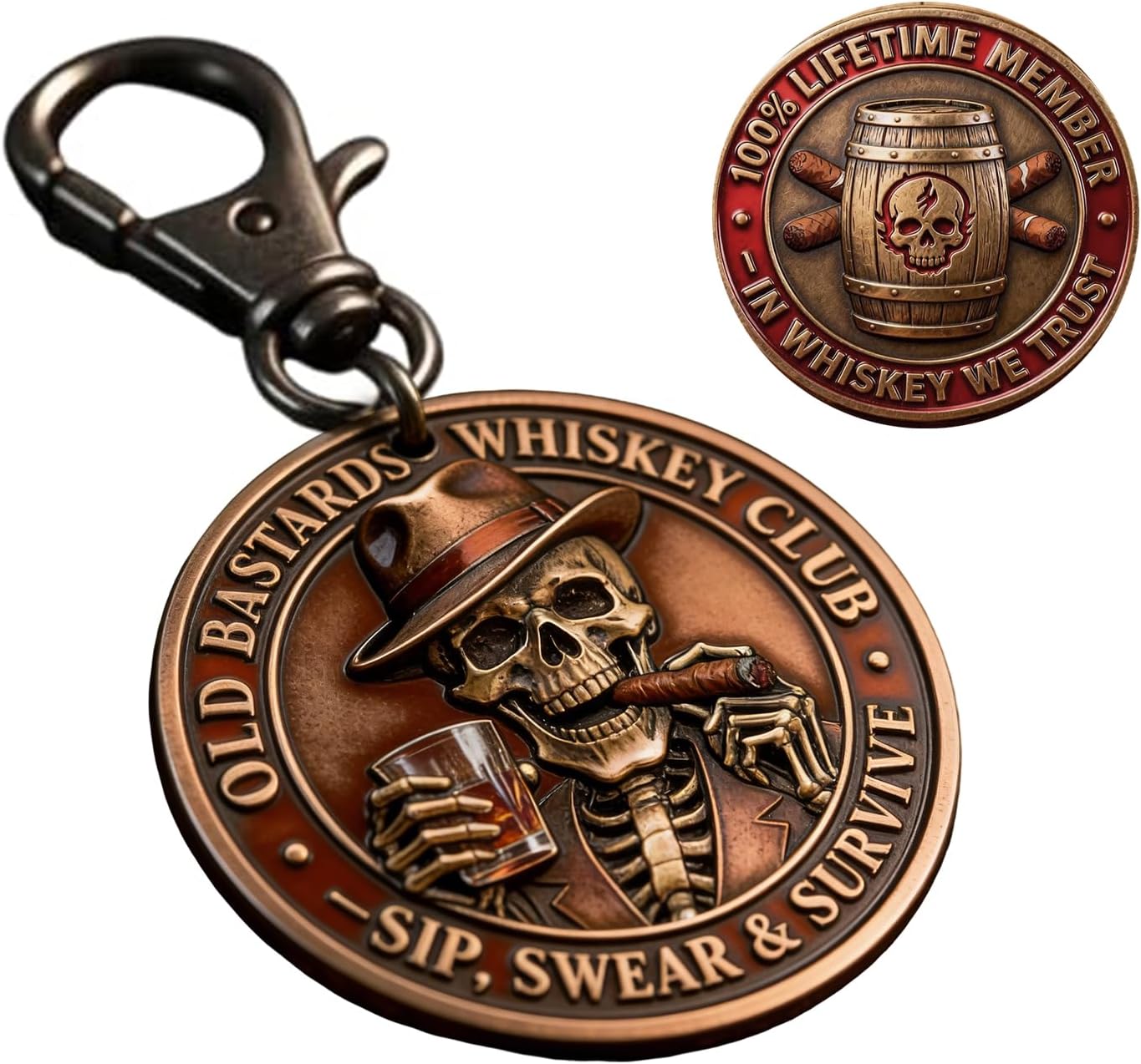 Old Bastards Whiskey Club Challenge Coin Keychain, Retro Skull Design ...