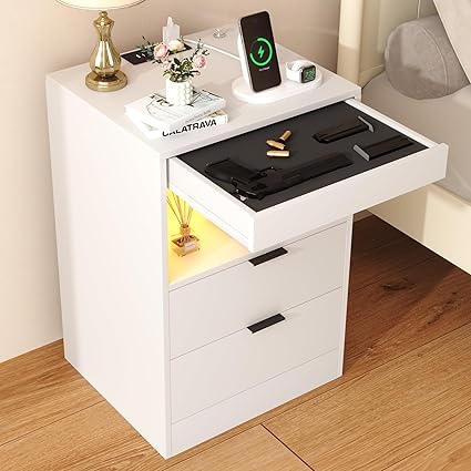 Amazon.com: Yusong Night Stand with Gun Drawer & Invisible Lock, Bedside Table, LED Nightstand ...