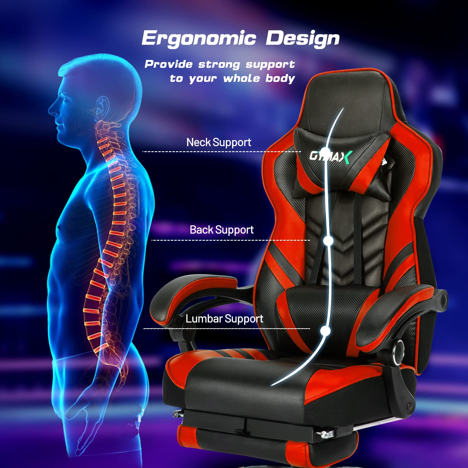 Red Gaming Chair Ergonomic Computer Chair for Adults Teens Reclining ...