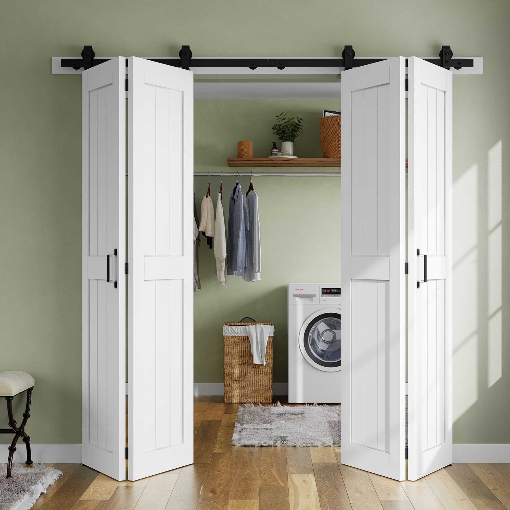 72 in. x 80 in. Hollow Core 6 Panel Primed MDF Composite Double Bi-Fold ...