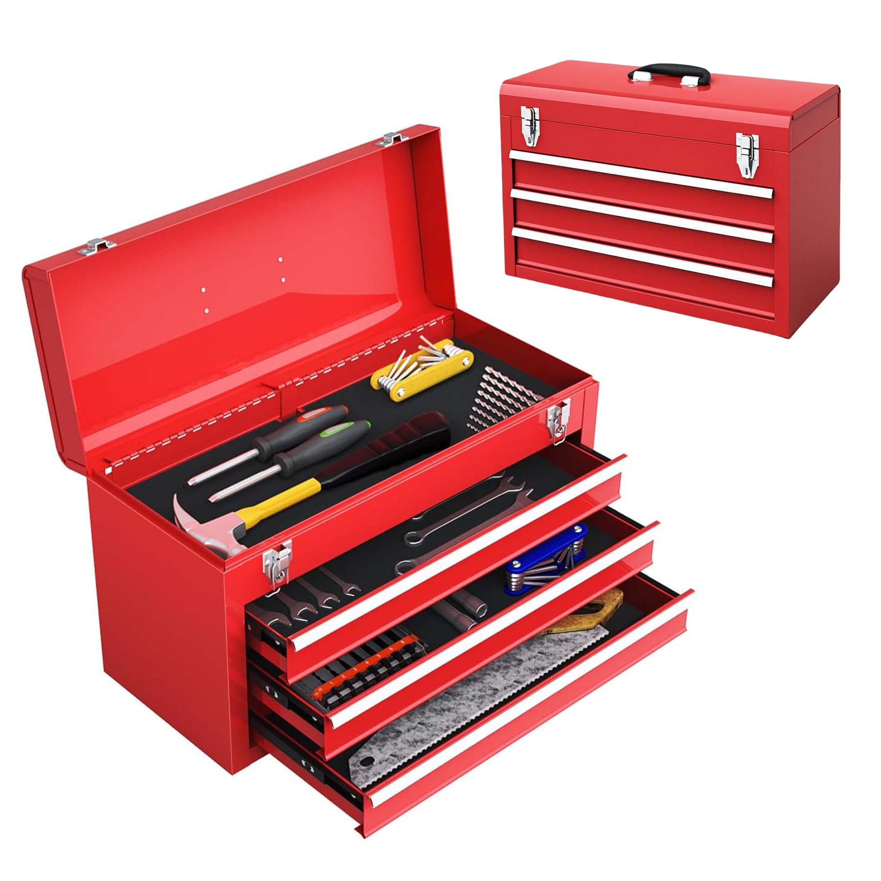 ERGOMASTER Portable Tool Box, 20.5'' Metal Tool Box with 3 Drawers ...