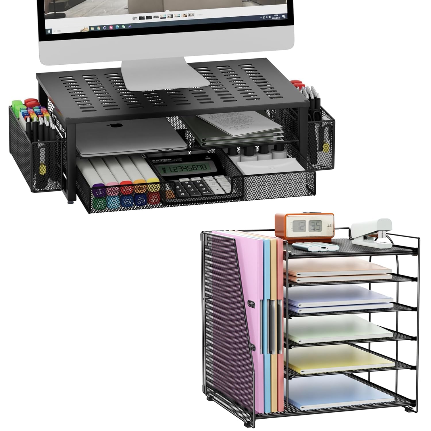 Amazon.com: Monitor Stand with Storage + 6-Tier Paper Organizer ...