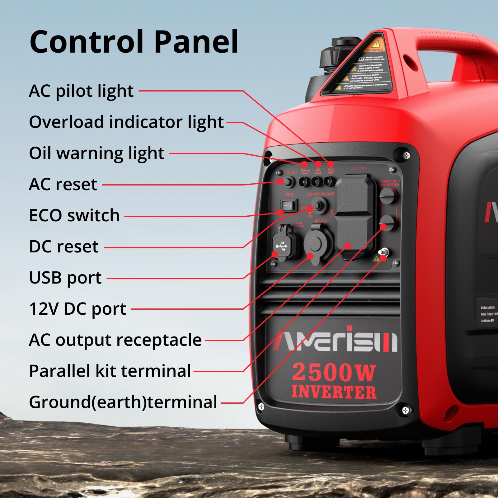 Amerisun Gas Powered Portable Inverter Generator 2500W, Long Runtime ...