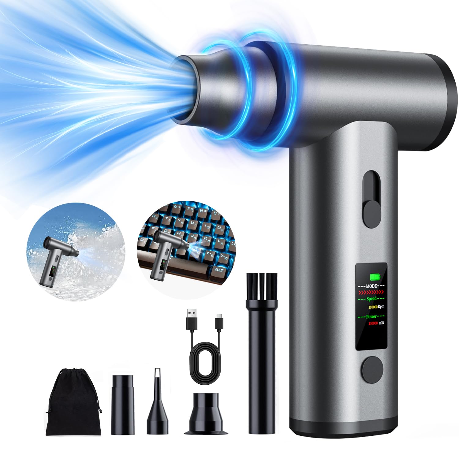 Amazon.com: AX2V Compressed Air Duster-Mini LED Display Electric Air Duster-110000RPM Aluminum ...