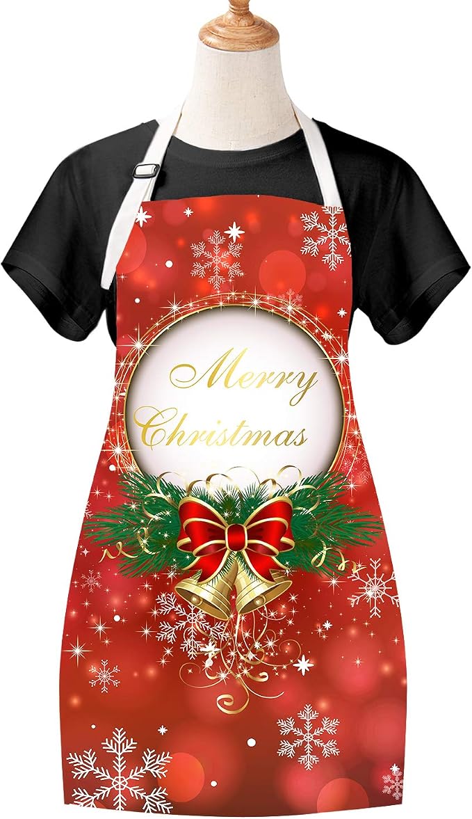 Amazon.com: Merry Christmas Apron Red Bow Gold Bell Cooking Aprons ...