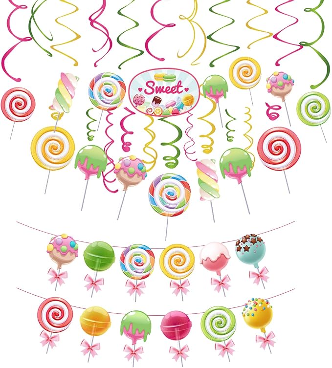 Candy Party Decoration Kit-Candy Cutouts Sign Lollipop Hanging Swirls ...