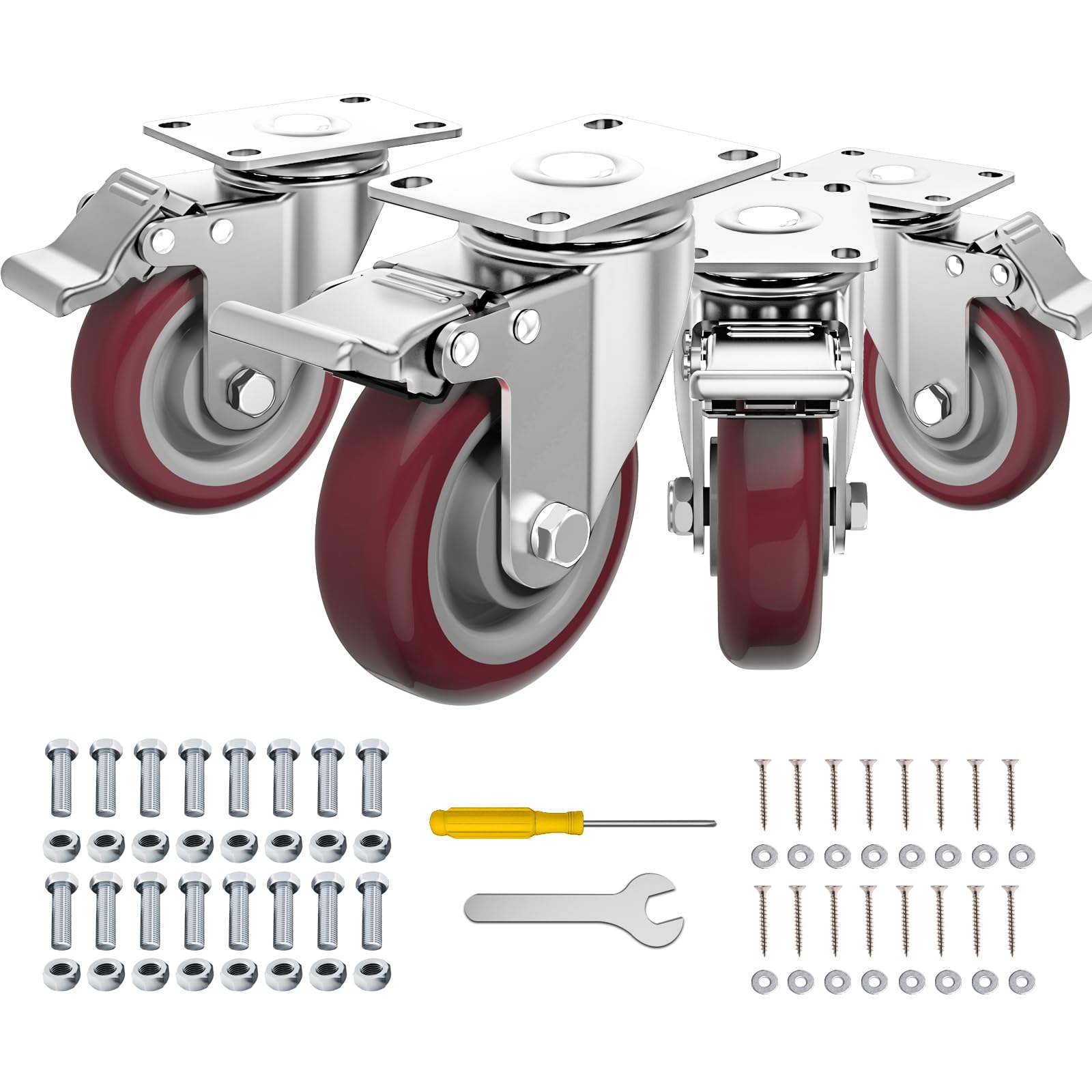Snapklik.com : 4 Inch Wheel Casters,Set Of 4 Heavy Duty,Red Industrial ...