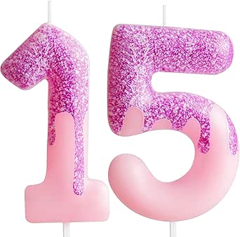 Amazon.com: Pink 15th Birthday Candles Purple Pink Number 15 Candle ...