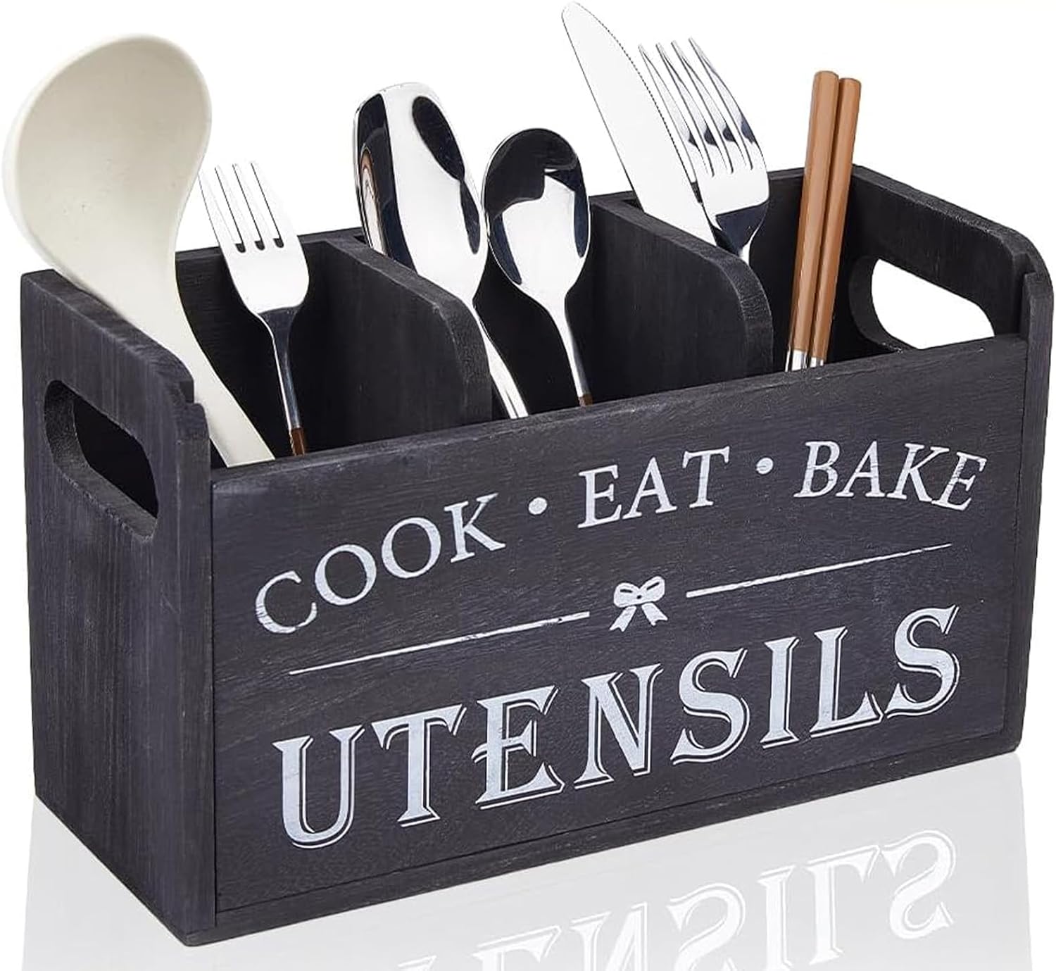 Large Kitchen Utensil Holder with 3 Compartments, Wooden Storage ...