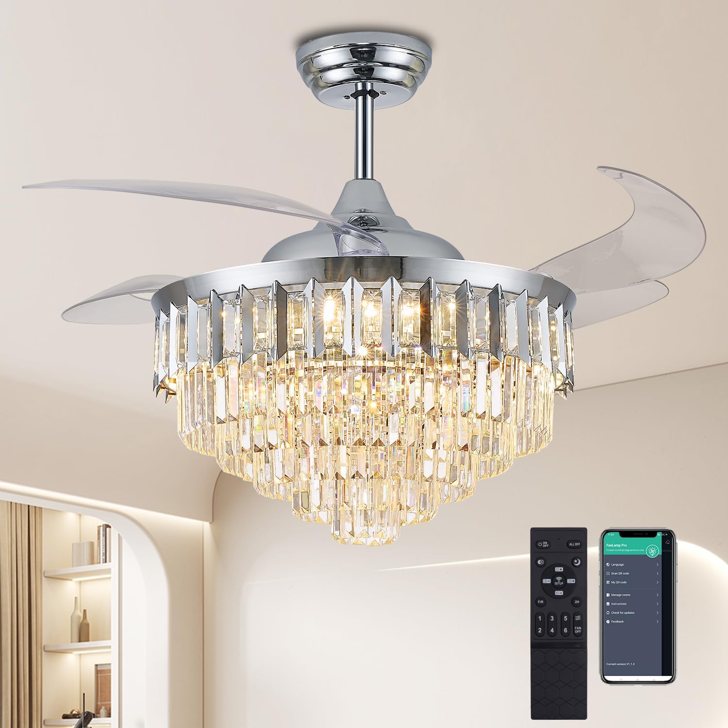 Trssdre 52" Dimmable Fandelier Crystal LED Ceiling Fans with Lights and ...