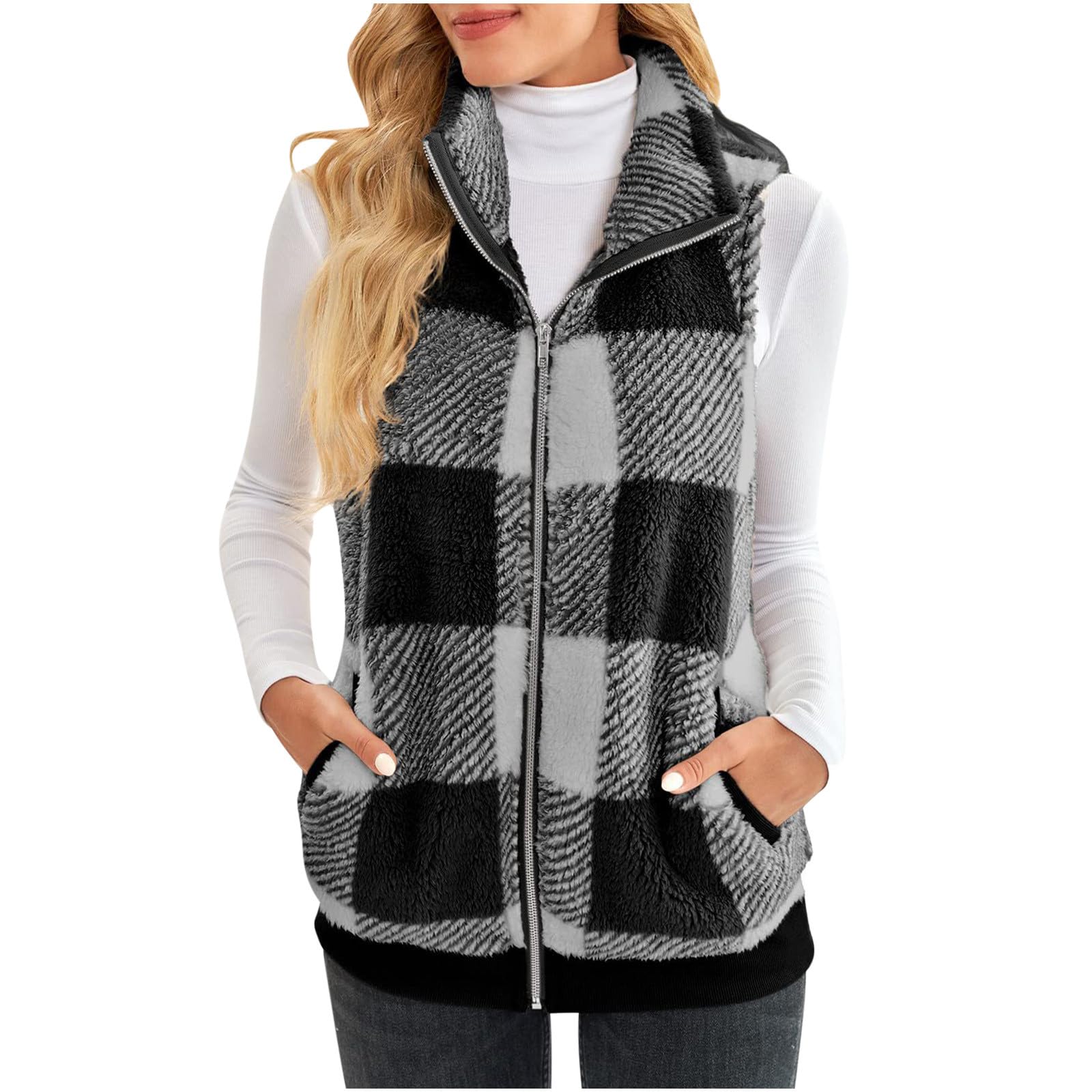 Womens Fashion Plaid Fleece Vest Casual Fuzzy Sleeveless Fuzzy Sherpa ...