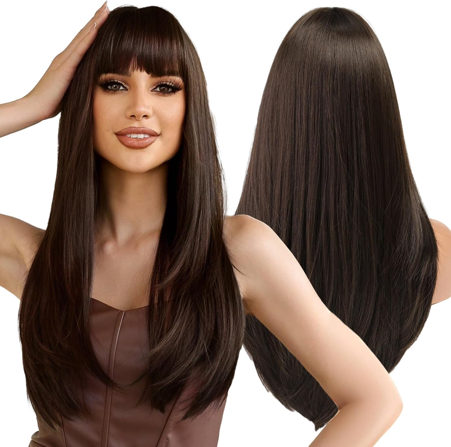 WOKESTAR Brown Wigs for Women Layered Straight Long Wig with Fringe ...