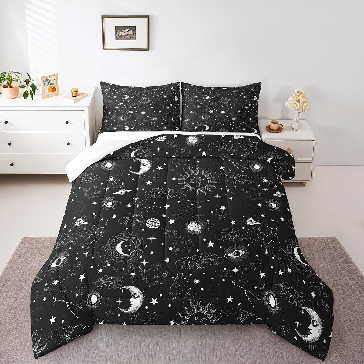 Amazon.com: Sun and Moon Bedding Set,Black and White Starry Galaxy ...