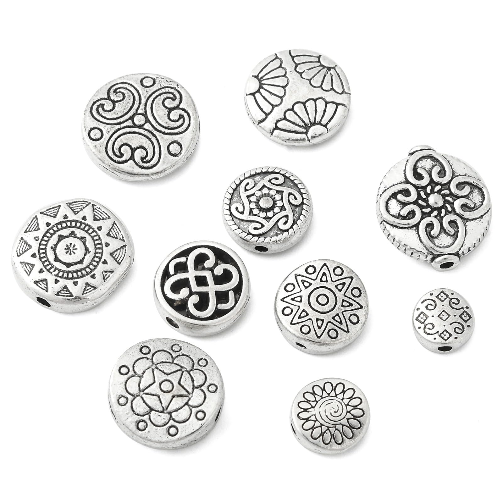 Amazon.com: DanLingJewelry 100Pcs 10 Styles Antique Silver Flat Round ...
