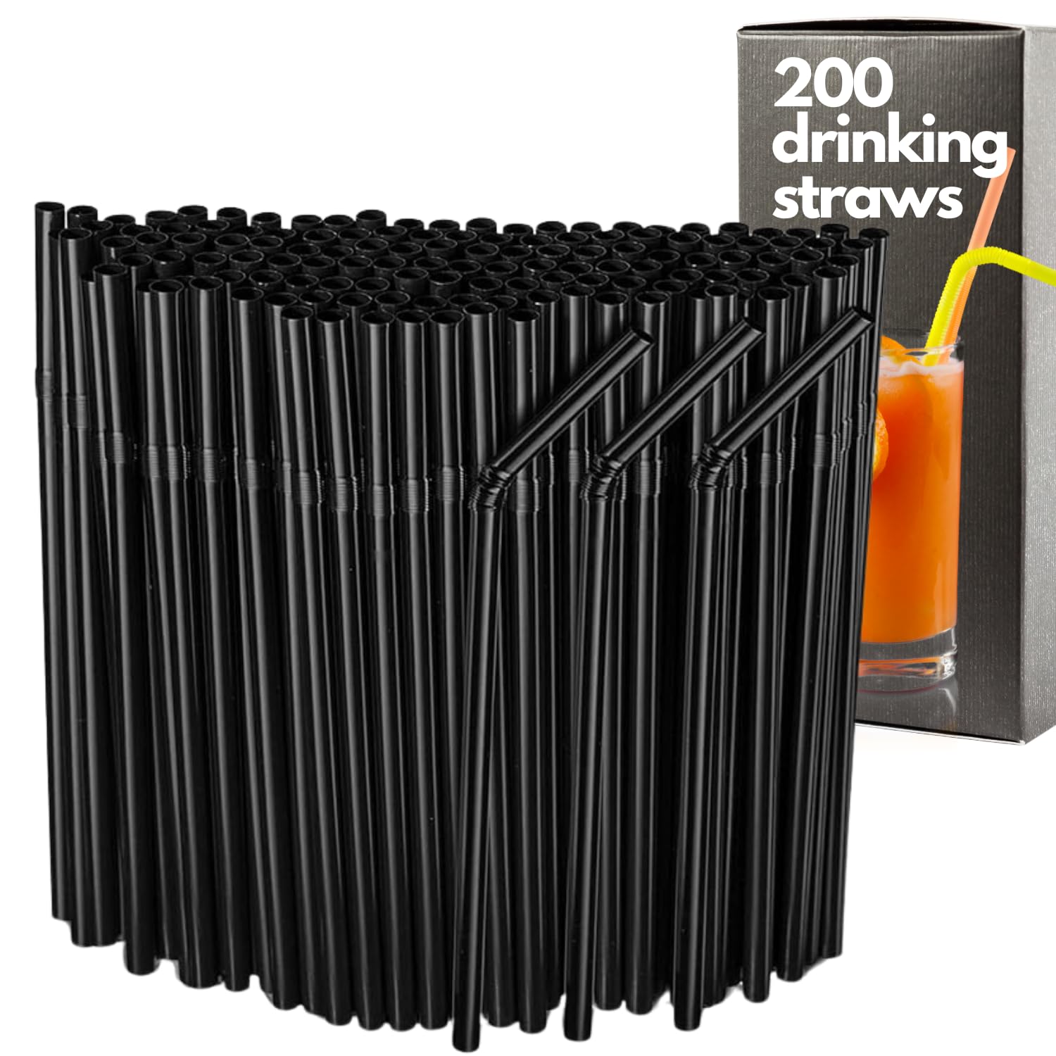 Amazon.com: Pack of 200 Black Plastic Drinking Straws, Flexible and ...