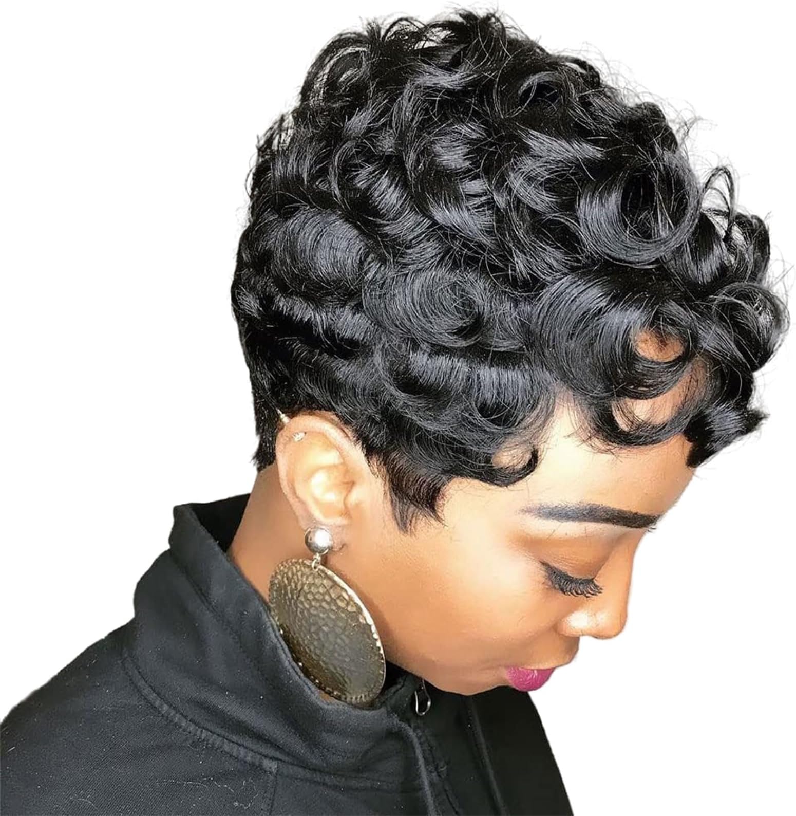 Amazon.com : Mofyue Pixie Cut Wigs Human Hair Short Curly Wig With ...