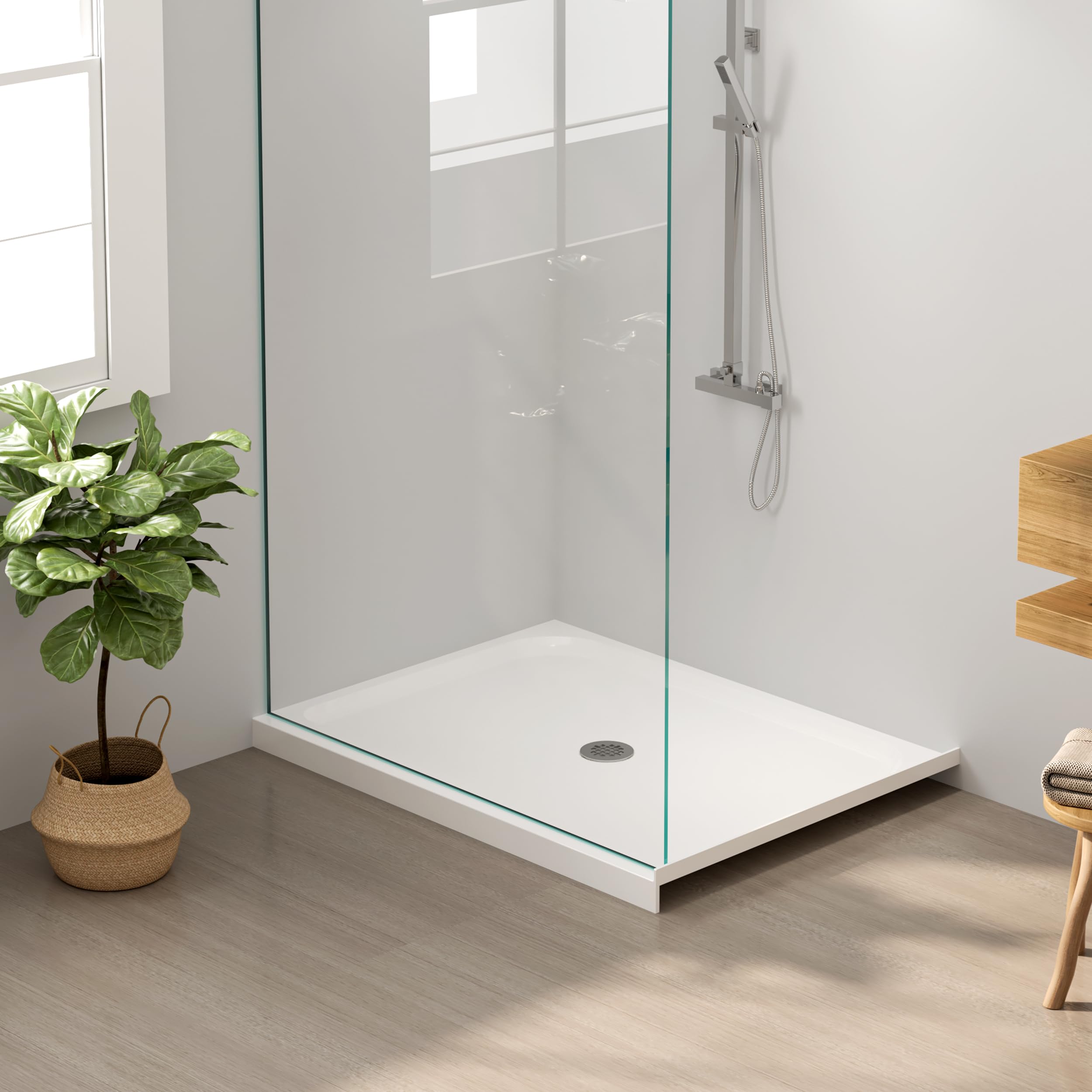 FerdY White Acrylic Single-Threshold Shower Base with Center Drain, 48 ...