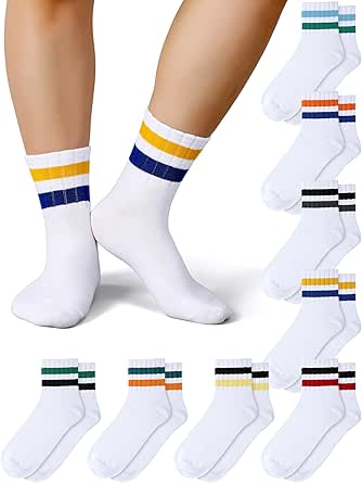 Amazon.com: Halfchet 8 Pairs Striped Crew Socks for Women Cotton ...