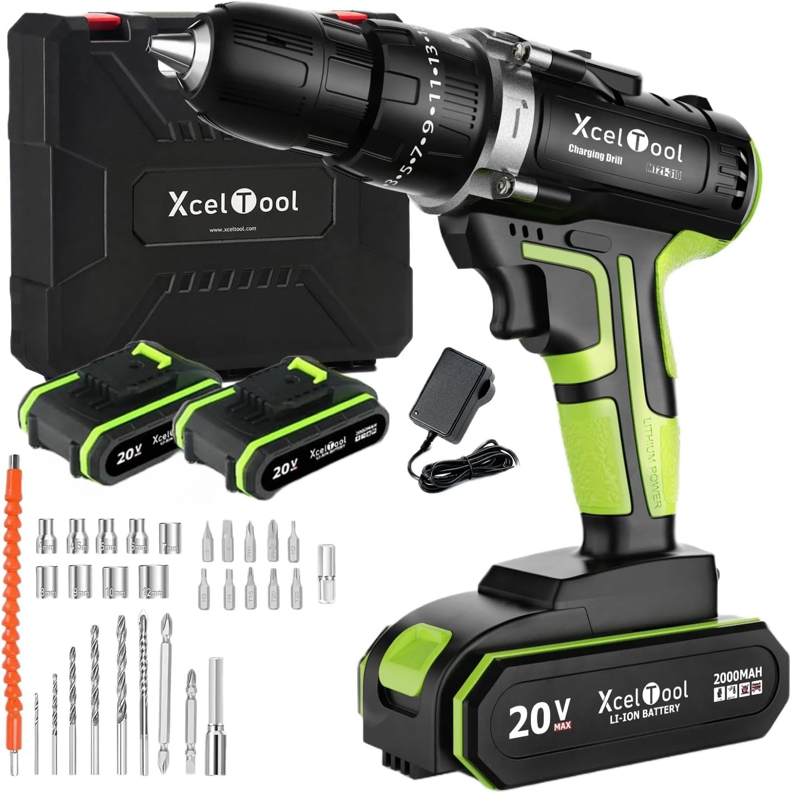 Cordless Drill Driver 21V, Cordless Hammer Drill with 2 Batteries 2.0Ah ...