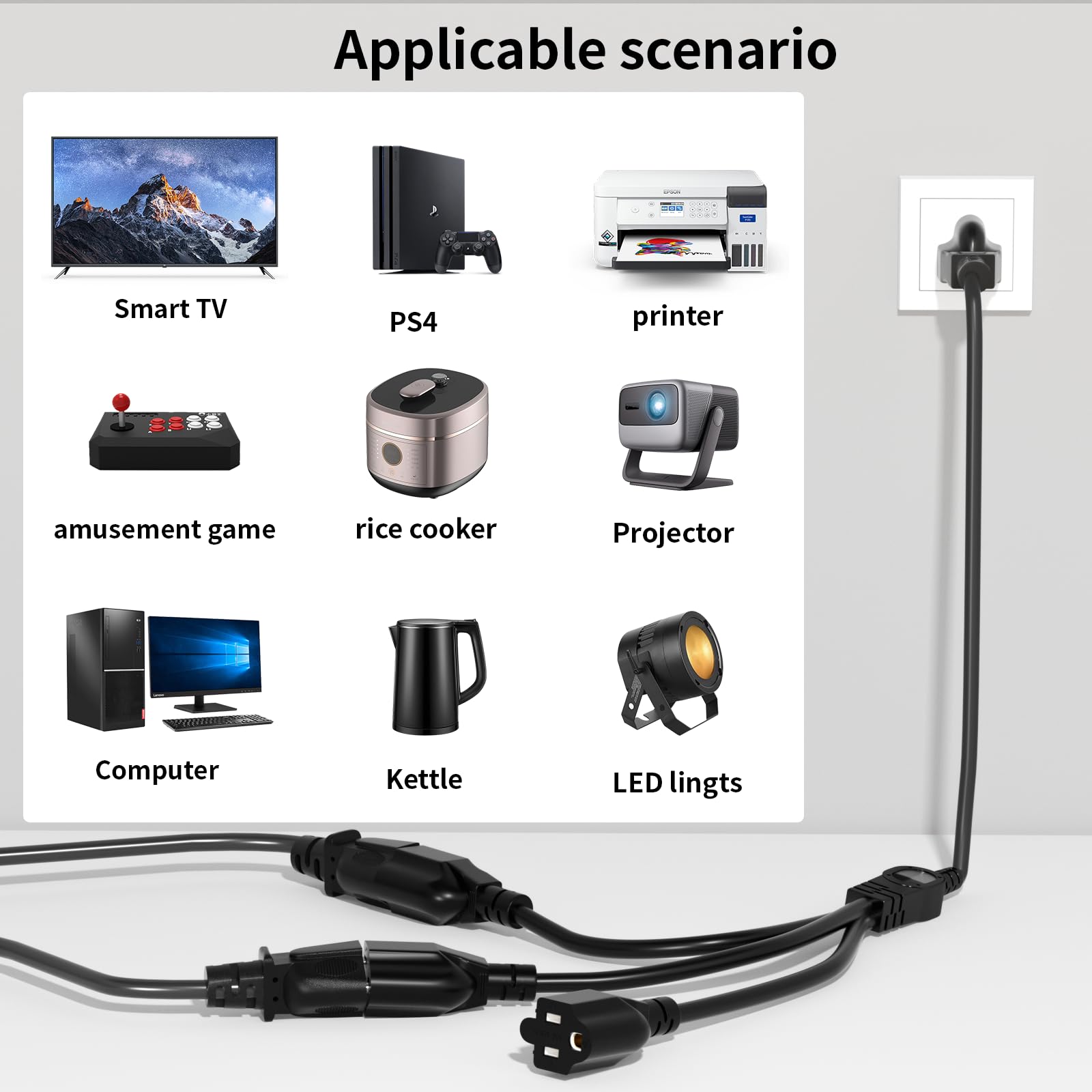 Snapklik.com : 3 Prong Y Power Splitter Extension Cord, 1 To 3 Way ...